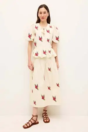 MARIE OLIVER Owens Embroidered Cotton Midi Skirt
