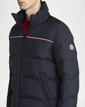 Moncler Quilted Down Jacket With Tricolor Trim - Navy