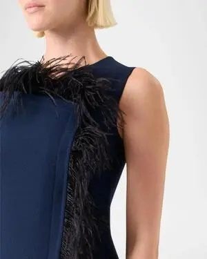 Akris Asymmetric Feather-trim Wool Midi Dress - Black/navy