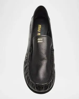 Miu Miu Ruched Leather Moccasin Loafers - Nero