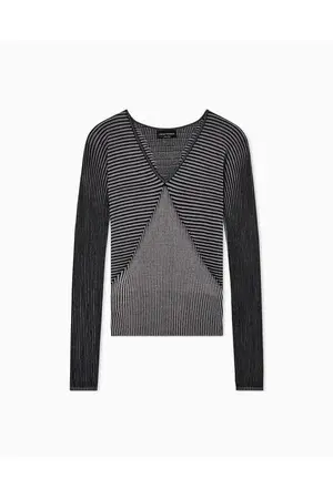 Emporio Armani Striped Links-stitched V-neck Jumper - Black