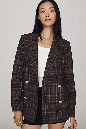 Avec Les Filles Double-breasted Knit Plaid Blazer - Green Plaid