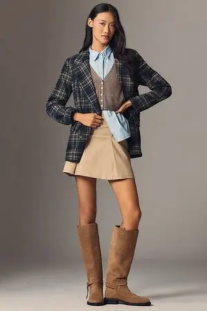 Avec Les Filles Double-breasted Knit Plaid Blazer - Navy Plaid / Navy