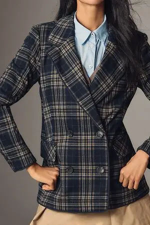 Avec Les Filles Double-breasted Knit Plaid Blazer - Navy Plaid / Navy
