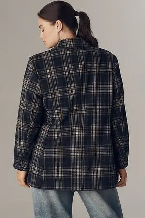 Avec Les Filles Double-breasted Knit Plaid Blazer - Navy Plaid / Navy
