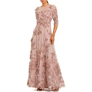 Mac Duggal Embroidered A-line Gown With 3/4 Sleeves - Mocha
