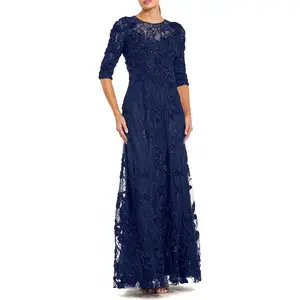 Mac Duggal Embroidered A-line Gown With 3/4 Sleeves - Navy