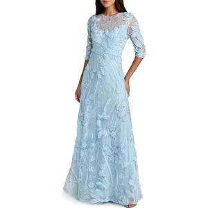 Mac Duggal 3/4 Sleeve High Neck Embroidered A Line Gown - Periwinkle