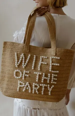 UNTAMED PETALS Straw Tote With Pearl Lettering