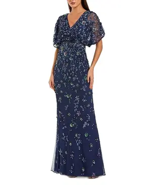 Mac Duggal Floral Embellished Short Sleeve Gown - Navy