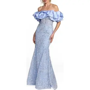 Mac Duggal Beaded Applique Off-the-shoulder Mermaid Gown - Periwinkle