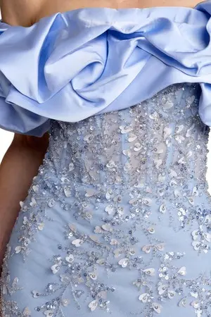 Mac Duggal Beaded Applique Off-the-shoulder Mermaid Gown - Periwinkle