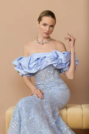Mac Duggal Beaded Applique Off-the-shoulder Mermaid Gown - Periwinkle