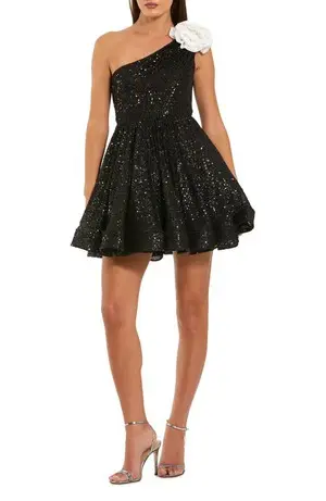 Mac Duggal One-shoulder Sequin Mini Dress With 3d Flower