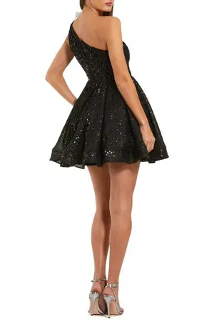 Mac Duggal One-shoulder Sequin Mini Dress With 3d Flower