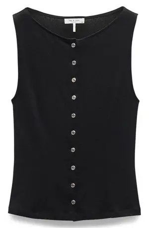 Rag & Bone Knit Boat Neck Button Front Tank - Black