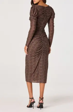 Astr The Label Long Sleeve Ruched Mesh Midi Dress - Leopard Print