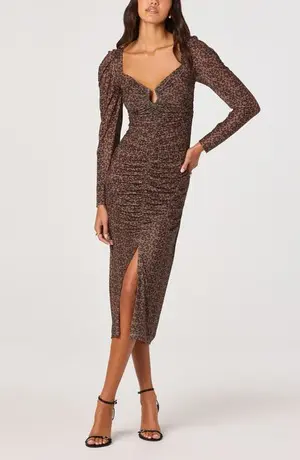 Astr The Label Long Sleeve Ruched Mesh Midi Dress - Leopard Print