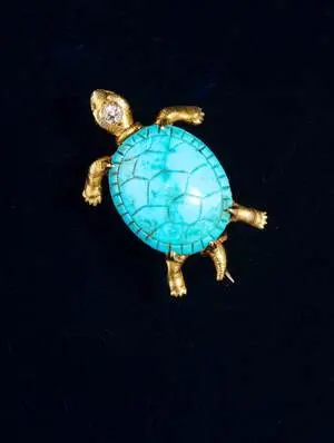 Estate Vintage French 18k Yellow Gold And Persian Turtle Brooch - Turquoise