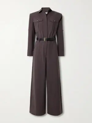 SELF-PORTRAIT Belted Twill Jumpsuit - Brown