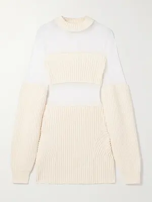 JEAN PAUL GAULTIER Paneled Ribbed Wool And Mesh Mini Dress - Ecru
