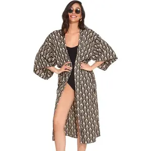 GOTTEX BEACH LIFE Karen Midi Swim Cover Up Kimono - Black/brown