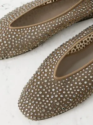 Le Monde Beryl Luna Leather-trimmed Crystal-embellished Mesh Flats - Neutrals