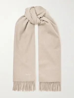 Max Mara Baci Fringed Embroidered Cashmere Scarf Neutrals