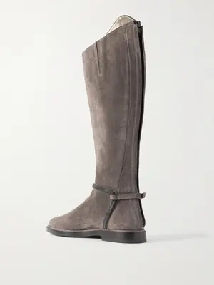 Brunello Cucinelli Buckled Bead-embellished Suede Knee Boots - Brown
