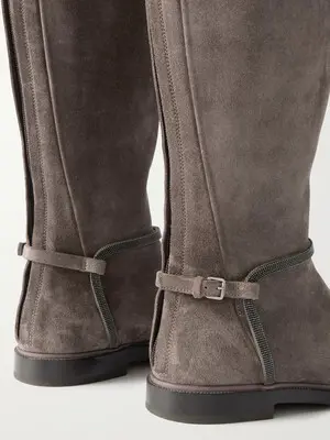 Brunello Cucinelli Buckled Bead-embellished Suede Knee Boots - Brown