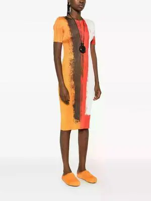Issey Miyake Pleated Paint-effect Midi Dress