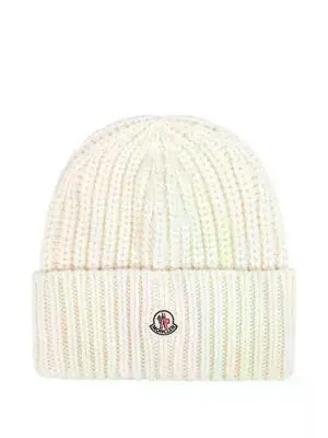 Moncler Ribbed Beanie With Logo Patch - White