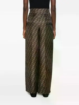 Fendi Ff-monogram Pleated Silk Trousers - Brown