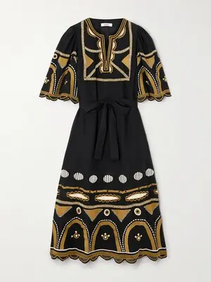 ERES Ornament Belted Embroidered Linen Midi Dress - Black
