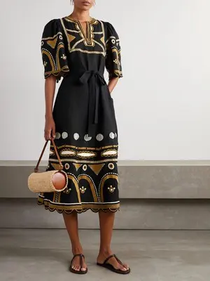 ERES Ornament Belted Embroidered Linen Midi Dress - Black