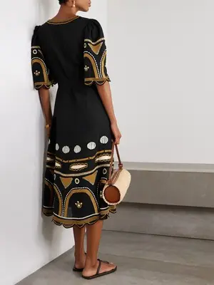 ERES Ornament Belted Embroidered Linen Midi Dress - Black