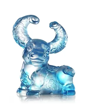 LIULI Ruyi's Twelve Blessings Daring Bull Zodiac Crystal Figurine - Sky Blue Clear