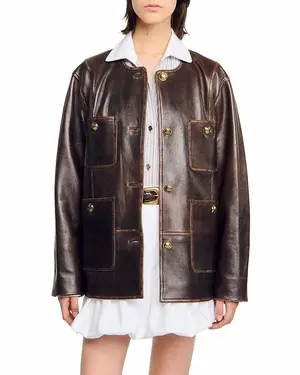 Sandro Long Distressed Leather Jacket - Black/ Brown