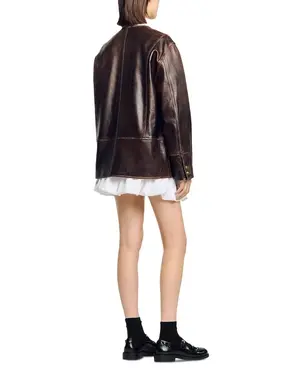 Sandro Long Distressed Leather Jacket - Black/ Brown