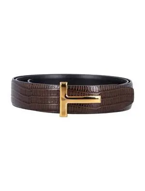 TOM FORD Leather Belt Mocha + Black  T Gold