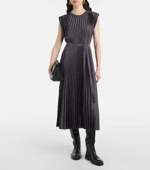 JOSEPH Volta Belted Plisse Satin Midi Dress - Grey