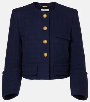 Chloé Checked Cropped Wool-blend Jacket - Blue