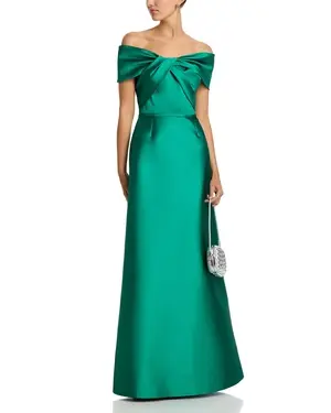 Rickie Freeman For Teri Jon Stretch Mikado Off Shoulder Twist Front Gown