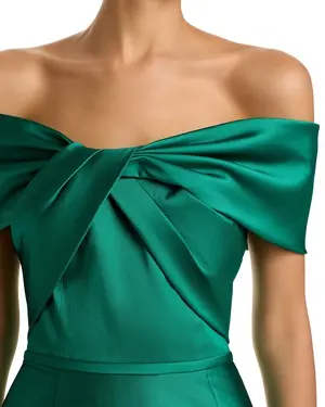 Rickie Freeman For Teri Jon Stretch Mikado Off Shoulder Twist Front Gown