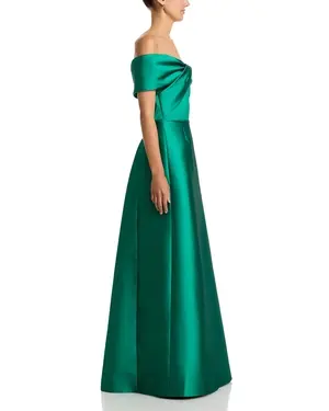 Rickie Freeman For Teri Jon Stretch Mikado Off Shoulder Twist Front Gown