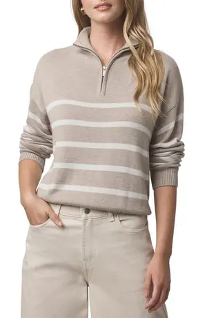 Splendid Striped Quarter Zip Pointelle Sweater - Light Cedar Beige/multi