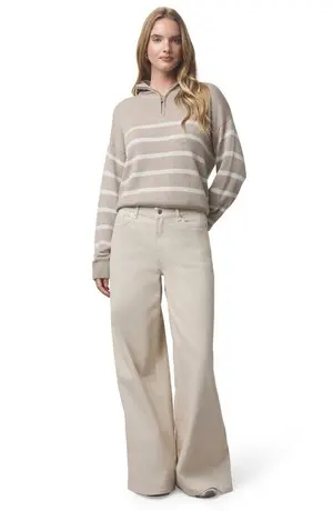 Splendid Striped Quarter Zip Pointelle Sweater - Light Cedar Beige/multi