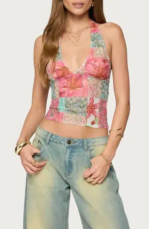 EDIKTED Patchwork Mesh Halter Top - Pink Mix