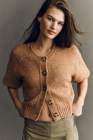 PILCRO Textured Crop Cardigan Sweater - Camel