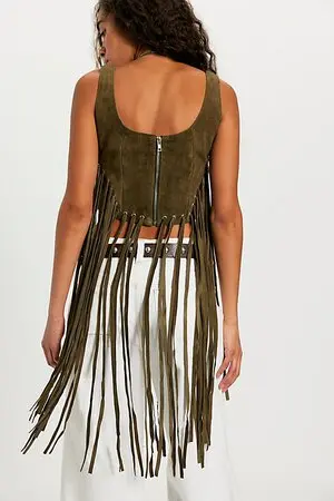 UNDERSTATED LEATHER Motive Suede Bustier With Fringe - Army Green
